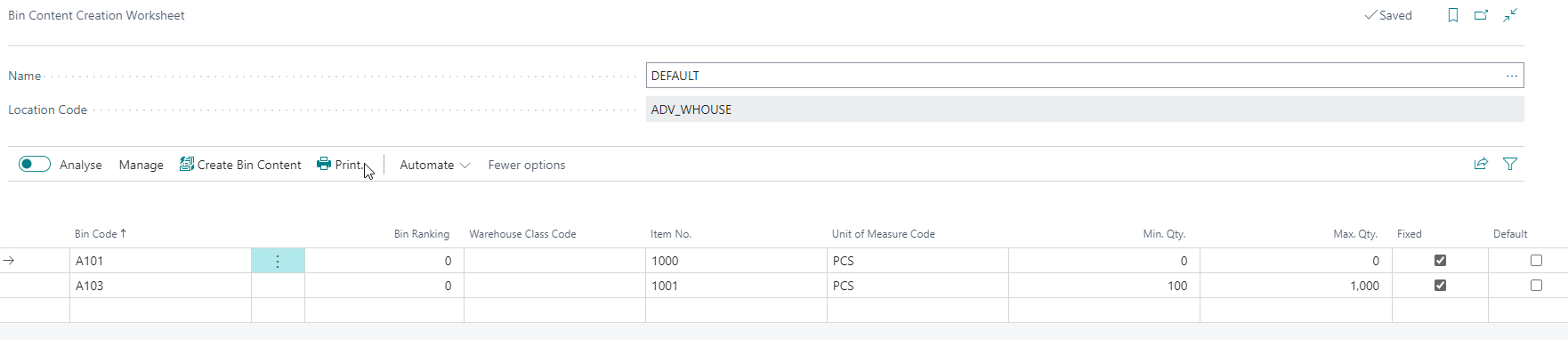 Set up Bin Content using Create Bin Content Worksheet